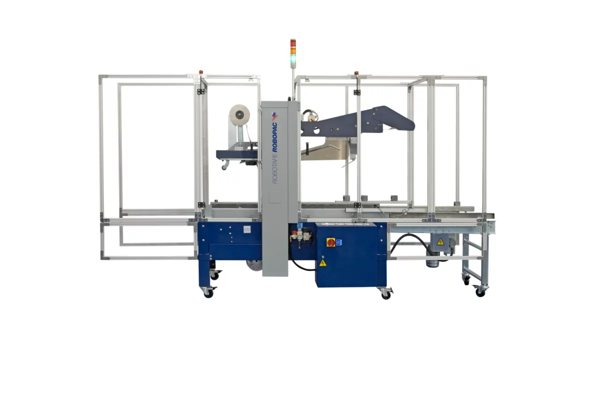 Side belt driven taping machine for random size boxes with automatic top flaps folding device ...