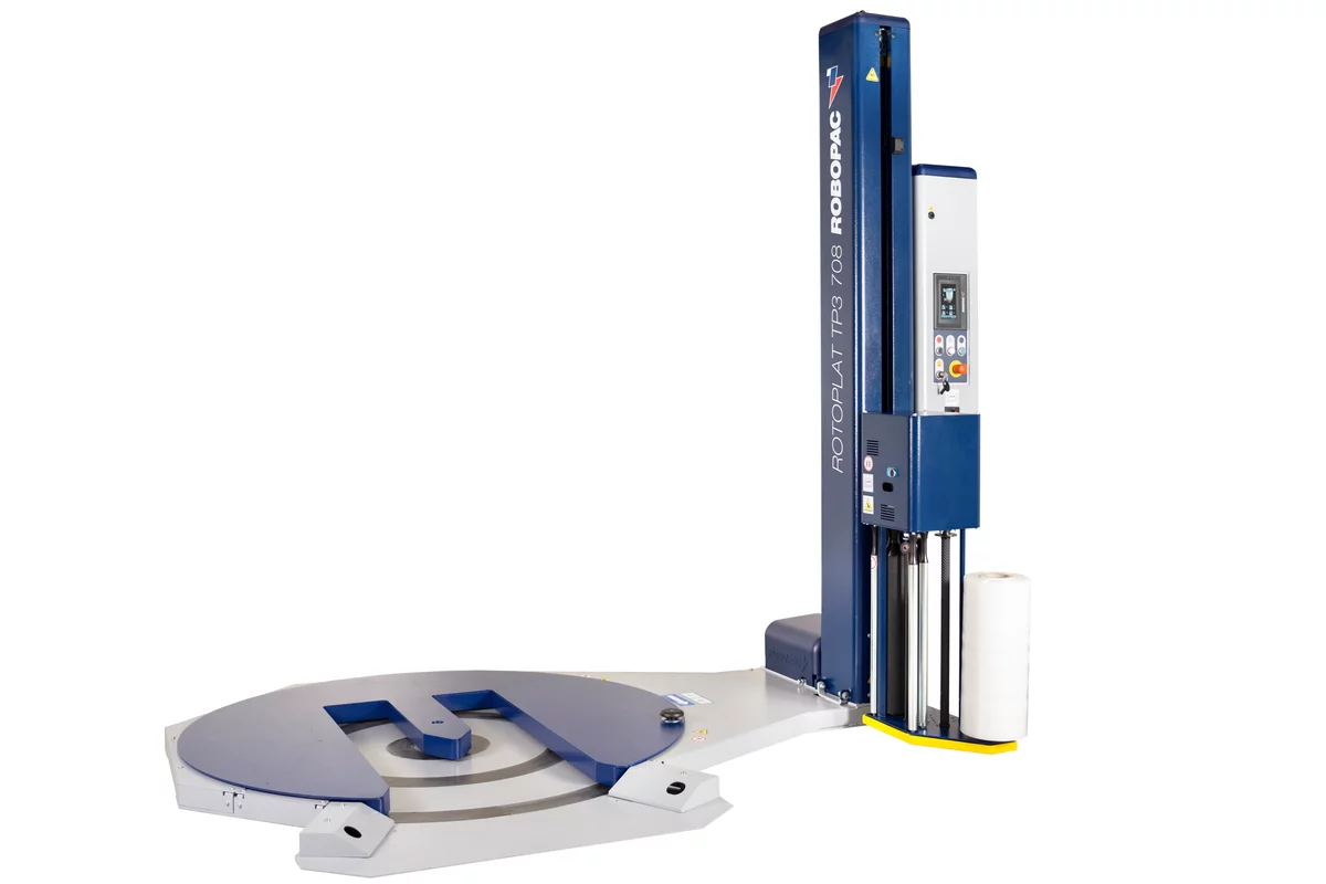 Turntable wrapping machines with shaped plate for pallet jack loading ...